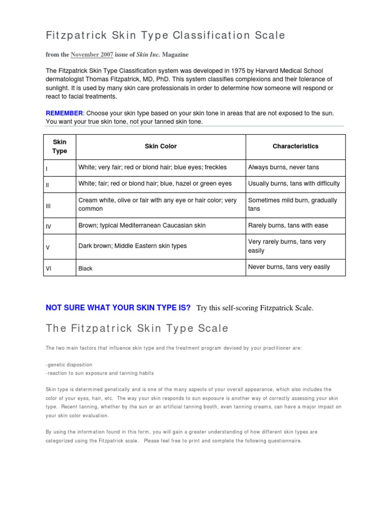 Fitzpatrick Skin Type Classification Scale | PDF | Human Skin Color | Brown