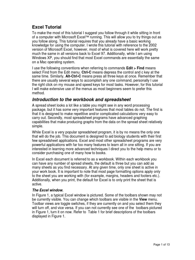 Excel Tutorial PDF | Download Free PDF | Microsoft Excel | Spreadsheet