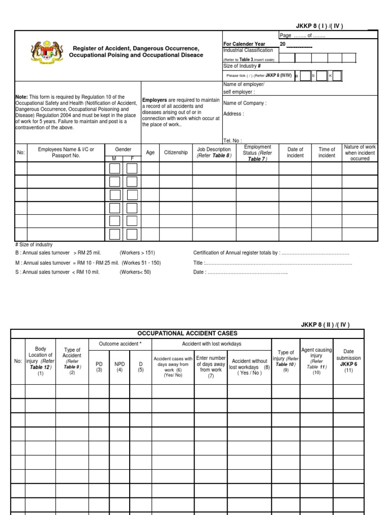 JKKP 8 - Register of Occupational Accidents, Dangerous Occurrence ...