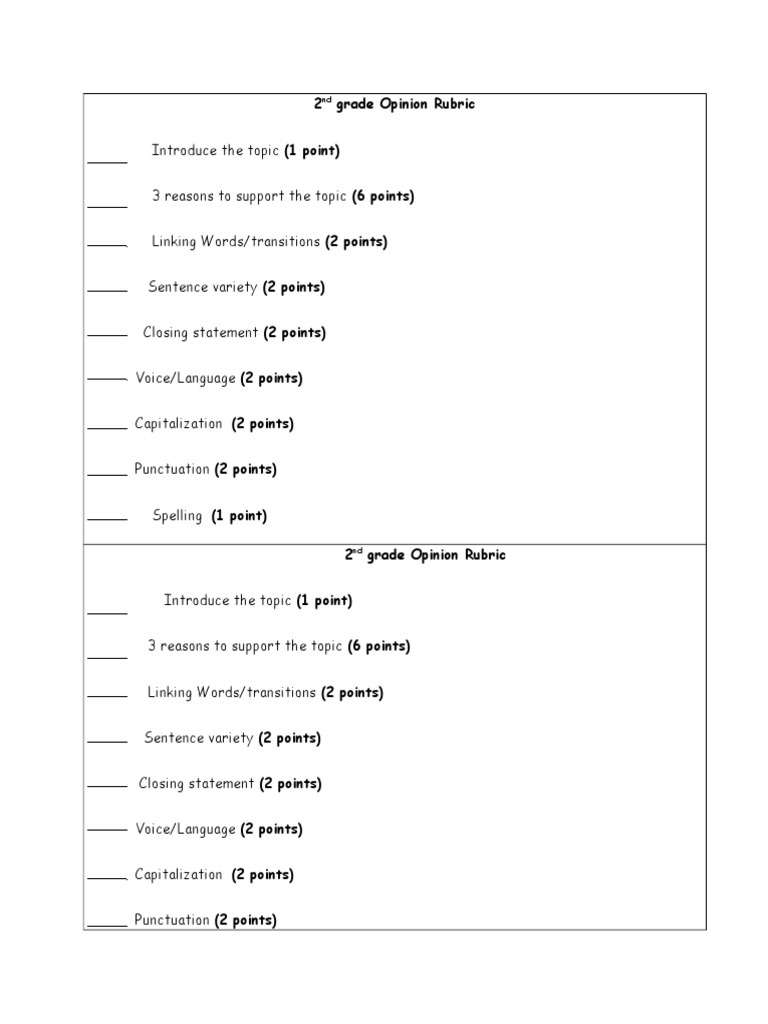 2nd Grade Opinion Writing Rubric | PDF | Rubric (Academic) | Language ...