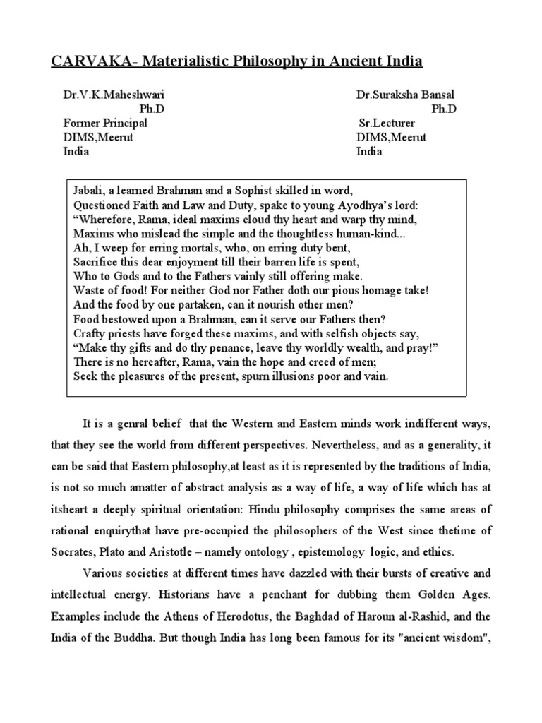 Carvaka-Materialistic Philosophy in Ancient India | PDF | Skepticism ...