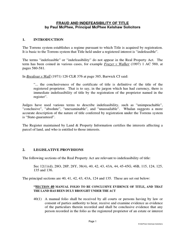 Indefeasibility of Title Paper PMM PDF | PDF | Concurrent Estate | Law ...