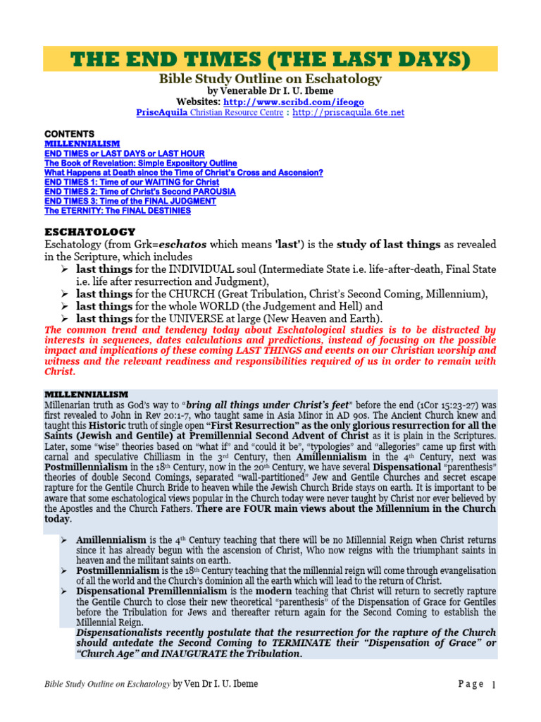 Bible Study Outline On The End Times Prophecy (ESCHATOLOGY) | PDF ...