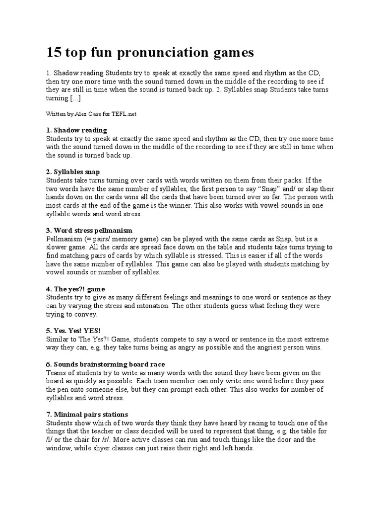 15 top fun English pronunciation games | PDF | Stress (Linguistics ...