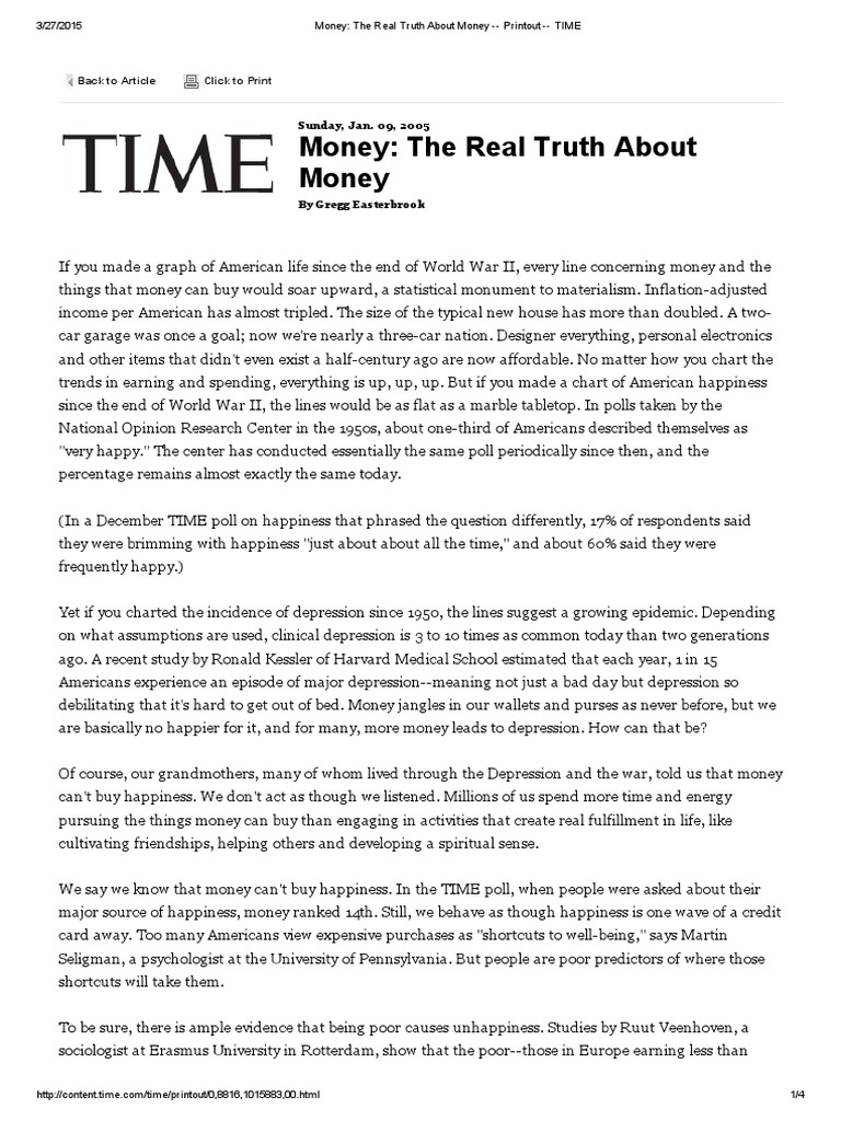 Money - The Real Truth About Money - Printout - TIME | PDF | Happiness ...