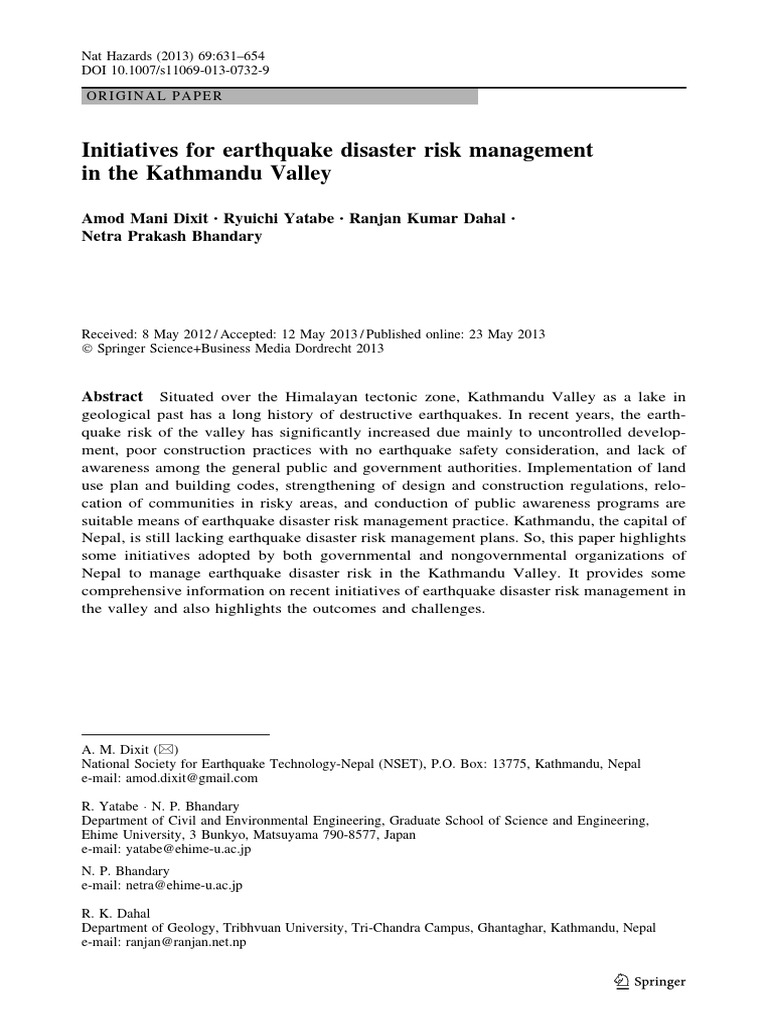 Initiatives For Earthquake Disaster Risk Management in The Kathmandu ...