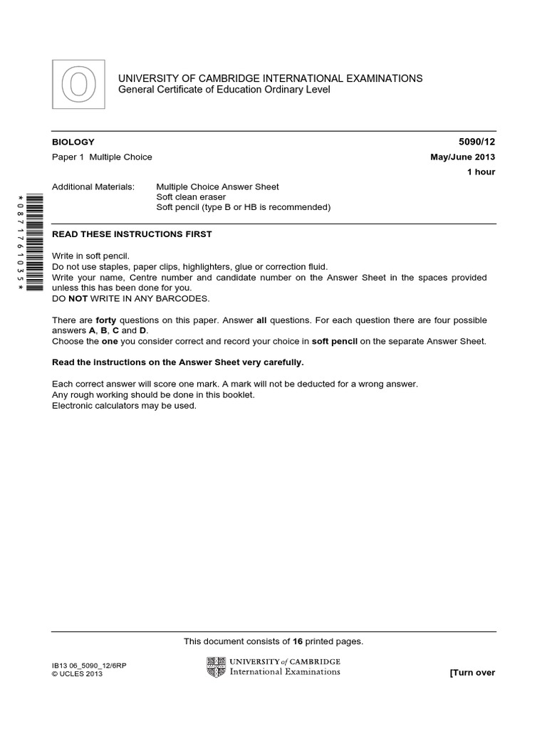 Biology 5090 12 Paper 1 Question Paper Mayjue 2013 | PDF | Respiratory ...