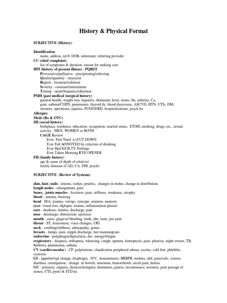 History Physical Format | PDF | Human Anatomy | Medicine
