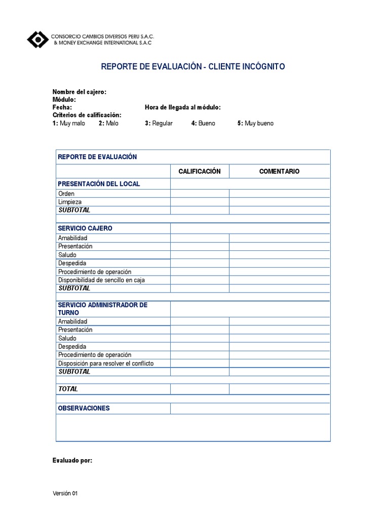 Formato Reporte de Evaluación - Cliente Incógnito - VB | PDF