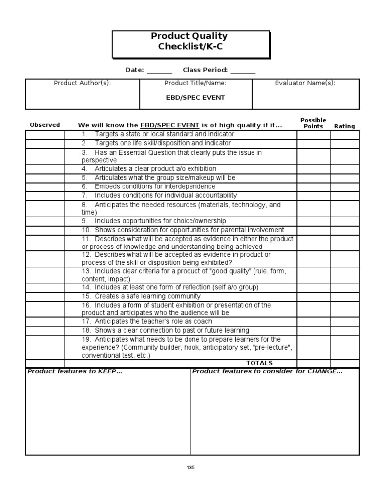 Product Quality Evaluation Checklist | PDF