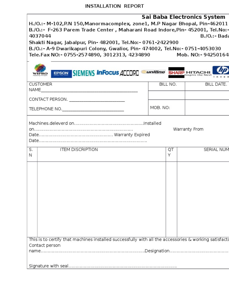 Installation Report Format New. | PDF
