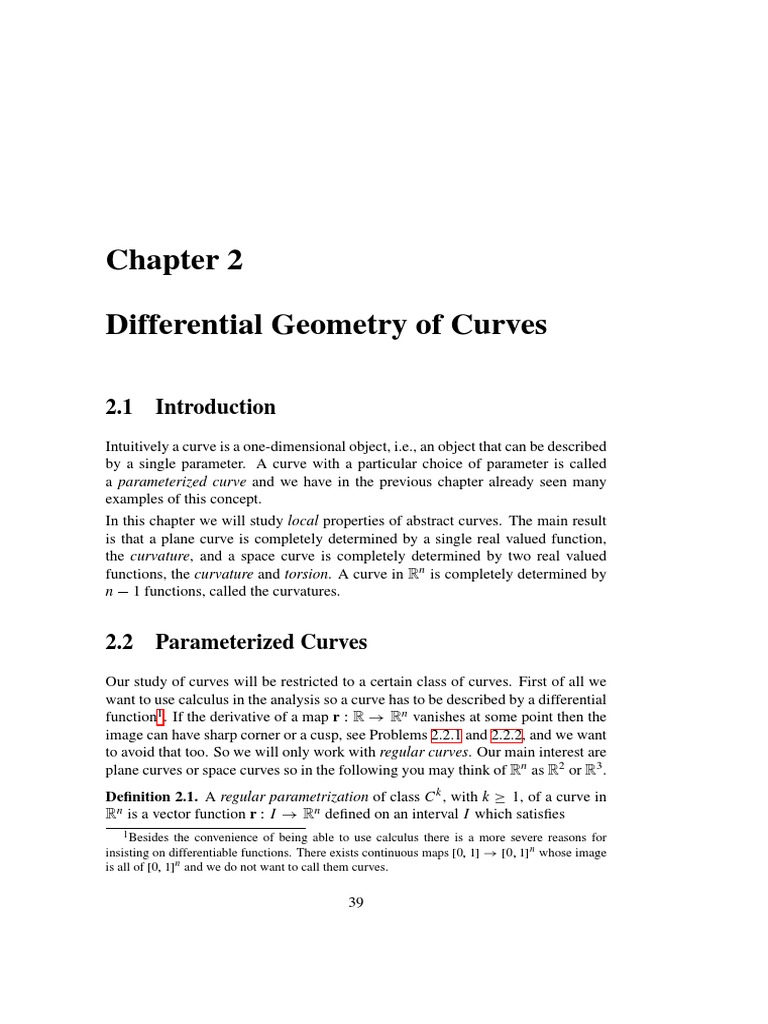 Differential Geometry of Curves: Definition 2.1. A Regular Parametrization of Class C | PDF ...