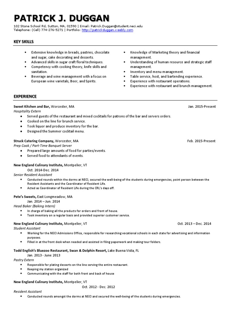 Culinary Arts Professional Resume | PDF | Cakes | Bar
