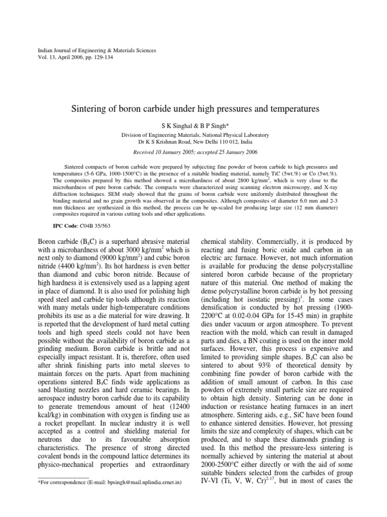 High Pressure Sintering of Boron Carbide: A Study of Microstructure and Properties of Boron ...