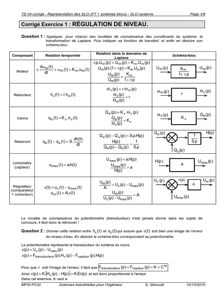 TD Regulation de Niveau Corrige | PDF | Physique | Enseignement des ...