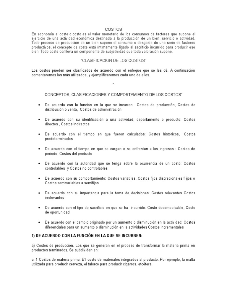 Clasificacion de Los Costos | PDF | Costo | Ciencias económicas
