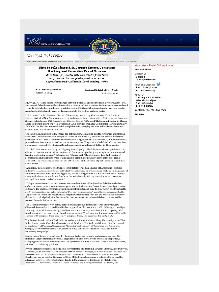FBI - Nine People Charged in Largest Known Computer Hacking and ...