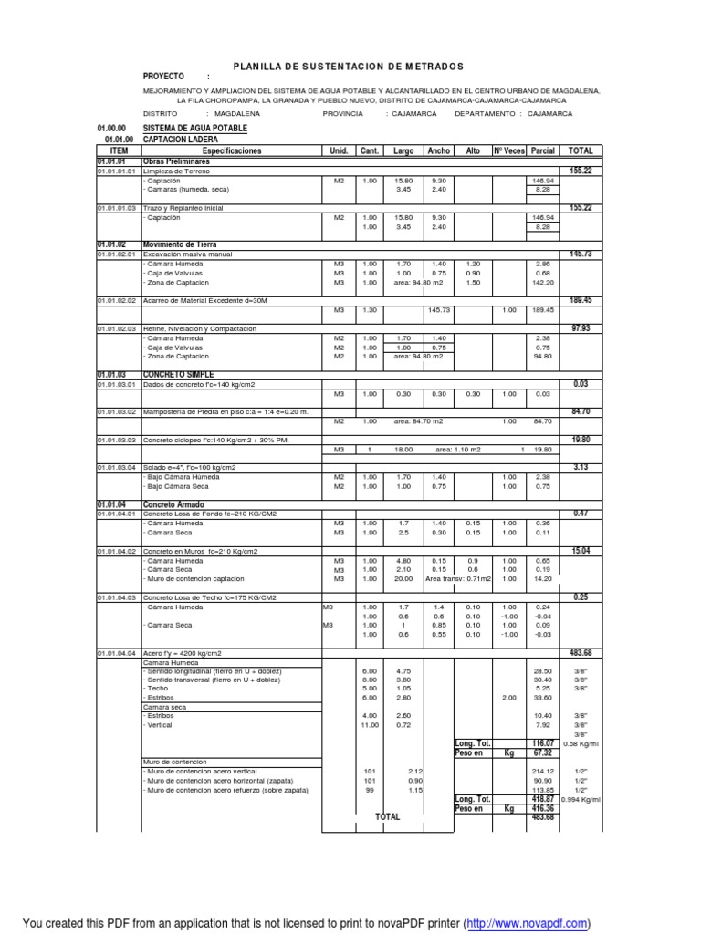 Metrado Agua Potable Captacion | PDF | Materiales de construcción | Ingeniero civil