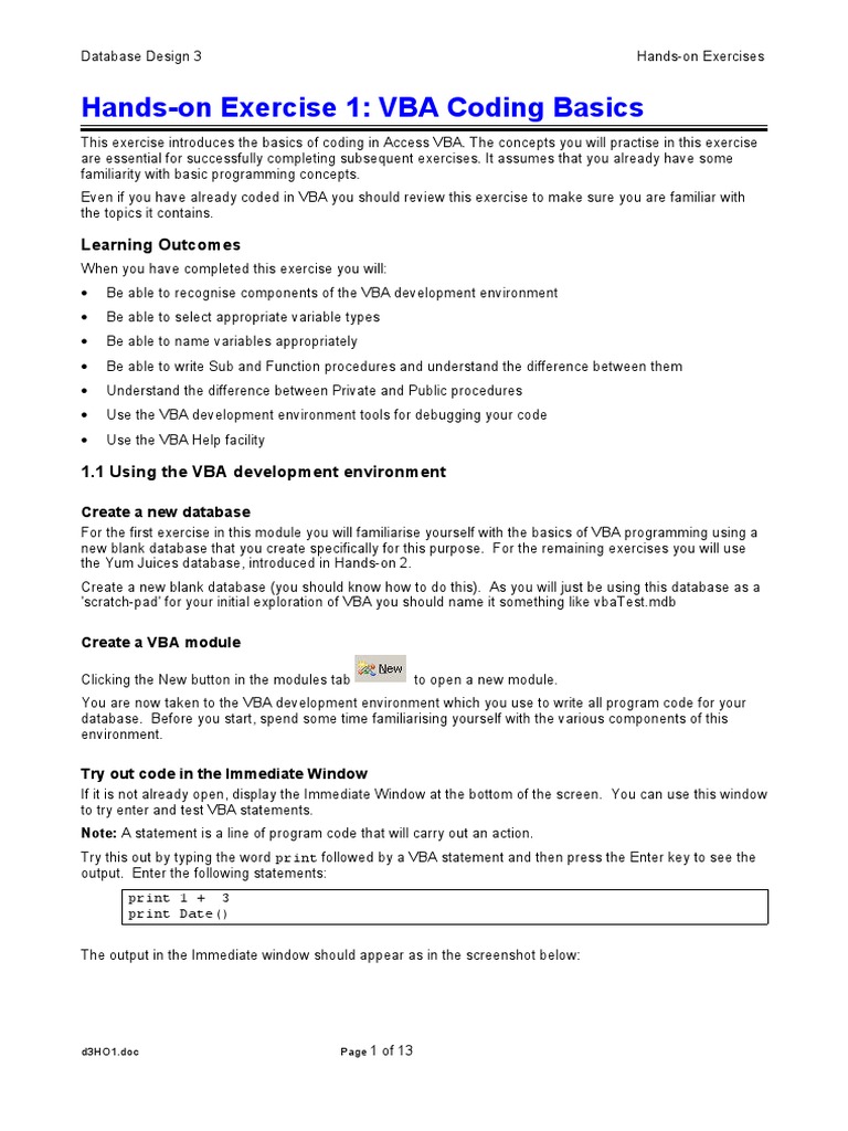Hands-On Exercise 1: VBA Coding Basics: Learning Outcomes | PDF ...