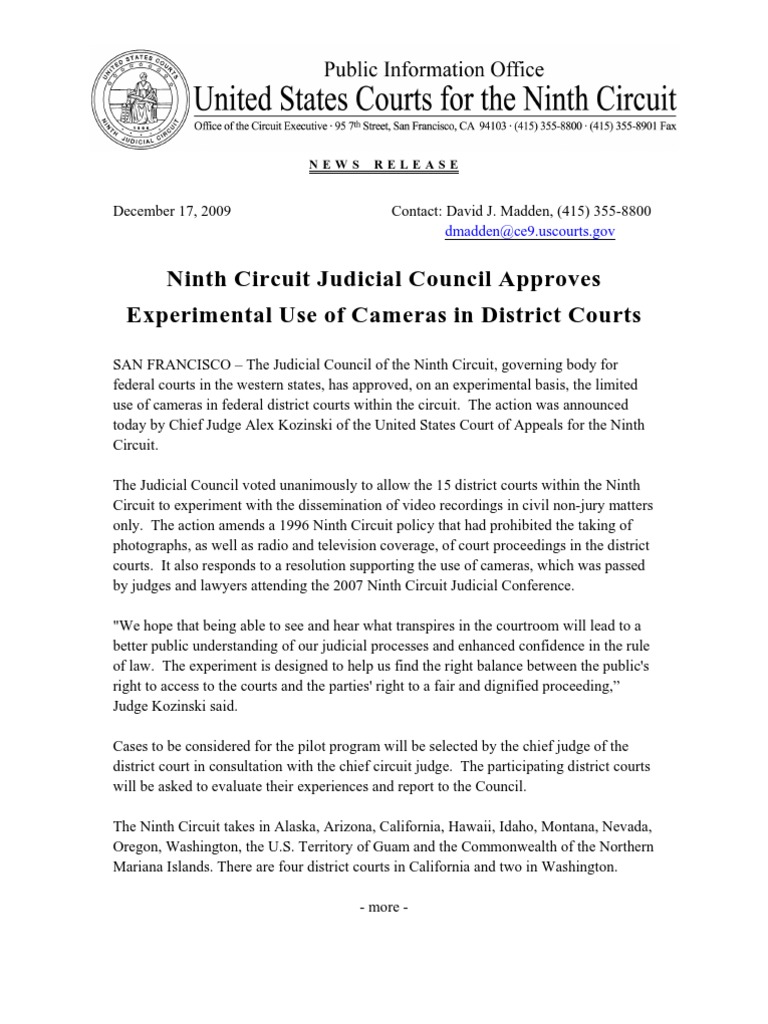 Ninth Circuit Judicial Council Approves Experimental Use of Cameras in ...