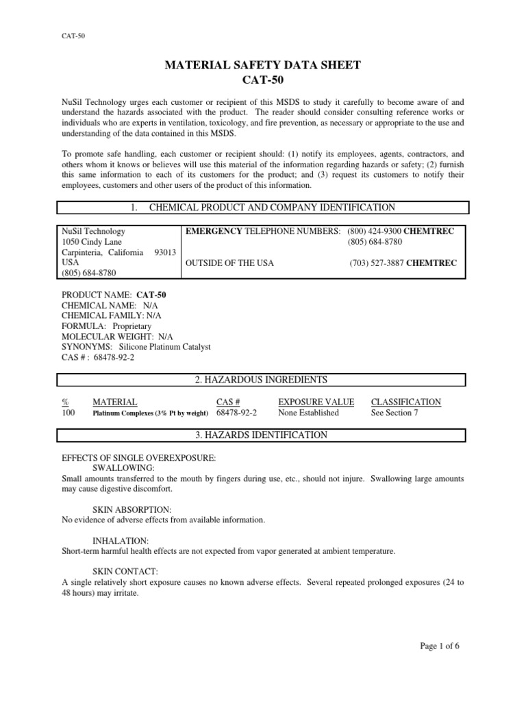 Msds 100102 Silicone Platinum Catalyst | PDF | Superfund | Formaldehyde