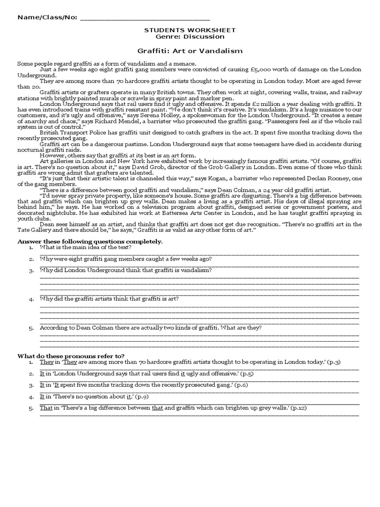 Graffiti: Art or Vandalism: Name/Class/No: - Students Worksheet Genre ...