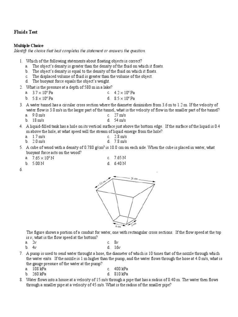 Fluids Test: Multiple Choice | PDF | Buoyancy | Pressure
