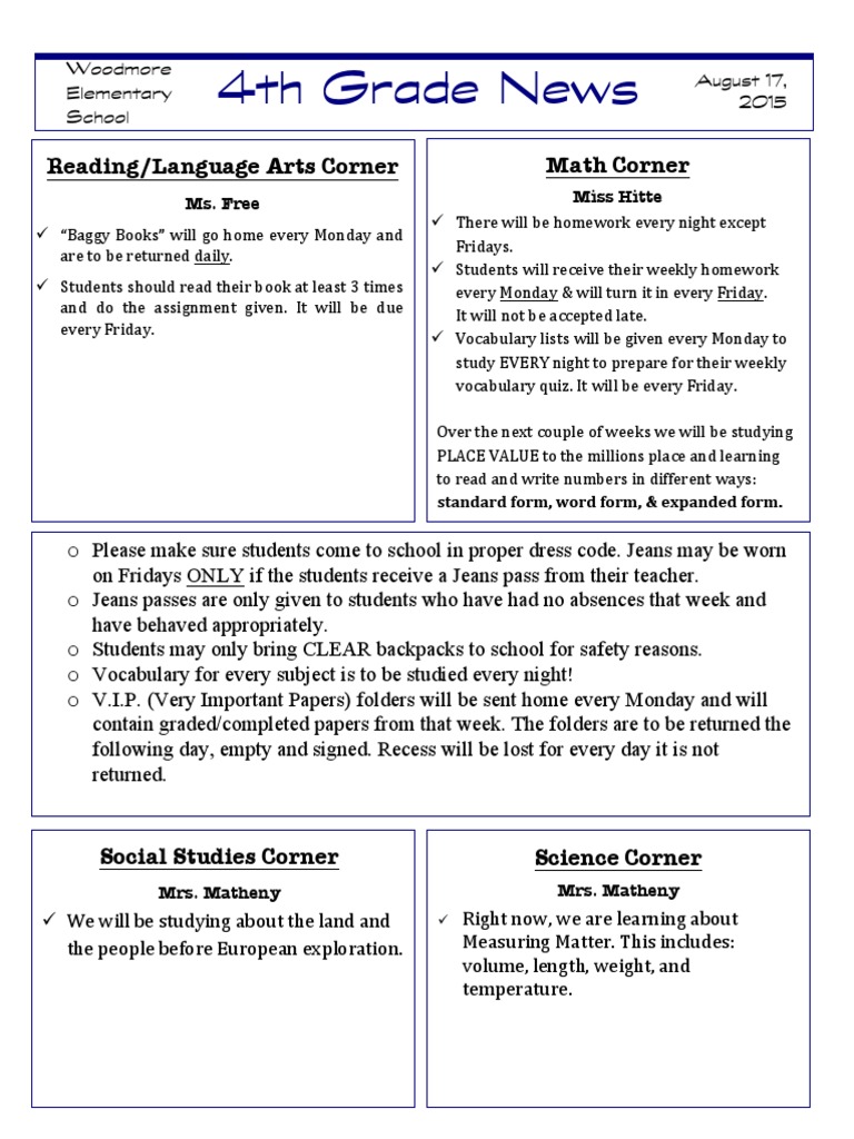 4th Grade Weekly News Update | PDF