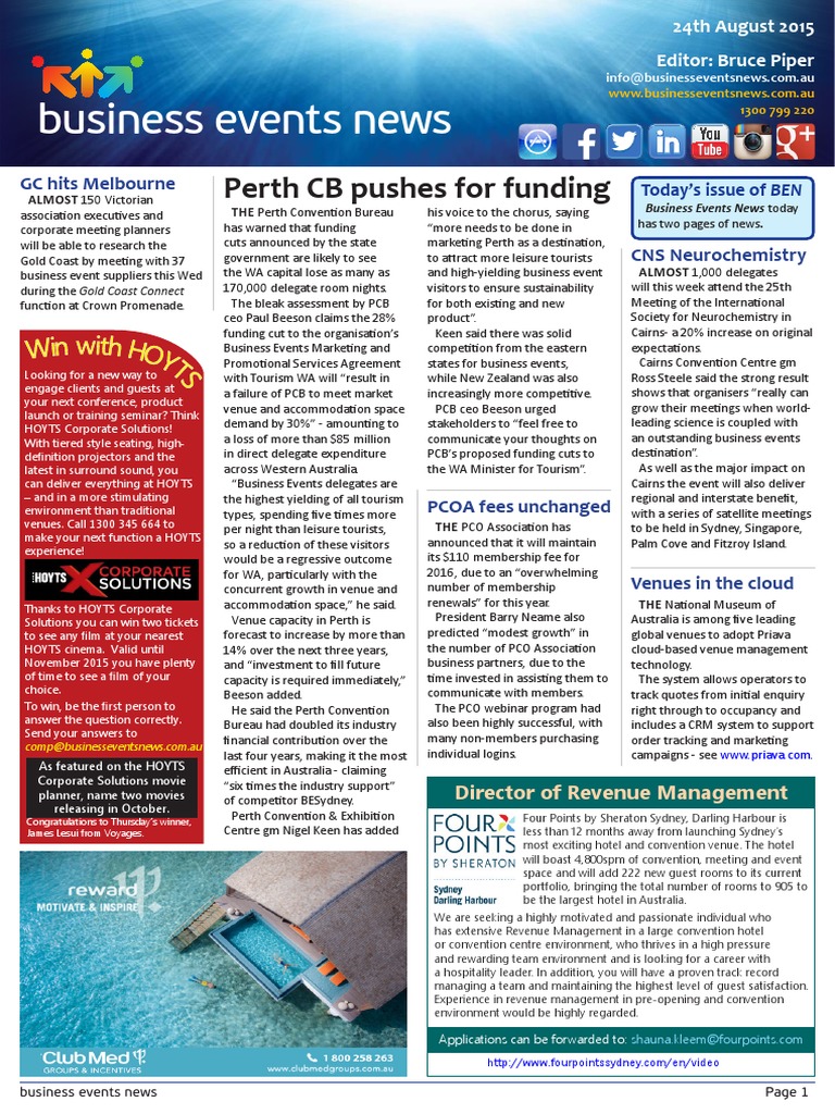 Business Events News For Mon 24 Aug 2015 - Perth Funding Push, PCOA ...