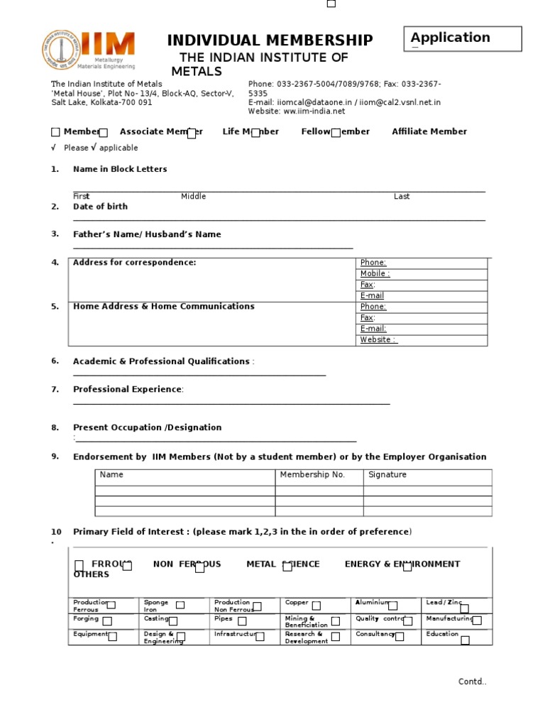 Individual Membership Form | PDF | Cheque | Metals