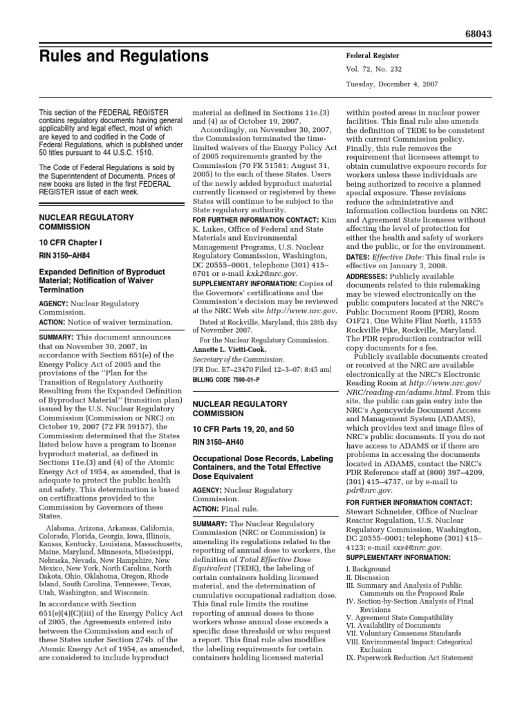 Rule: Energy Policy Act of 2005 Implementation: Occupational Dose ...