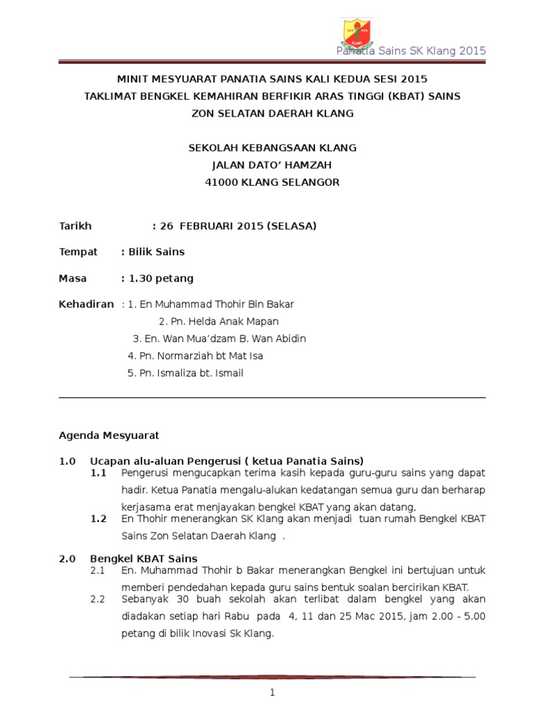 Minit Mesyuarat Taklimat Kbat Sains 2015 | PDF