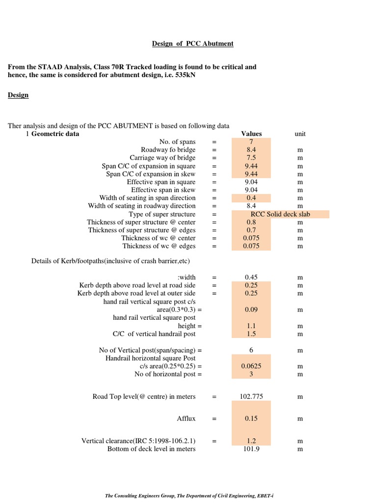 Design of PCC Abutment: The Consulting Engineers Group, The Department of Civil Engineering ...