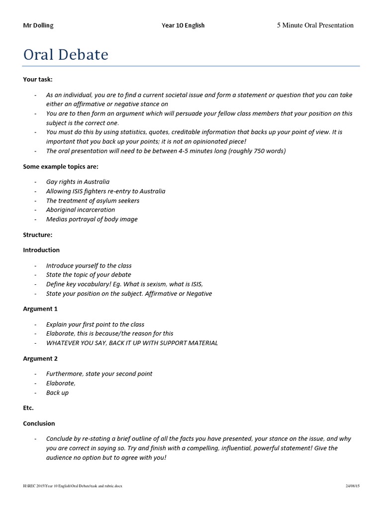 Year 10 Oral Debate Guidelines | PDF | Career & Growth