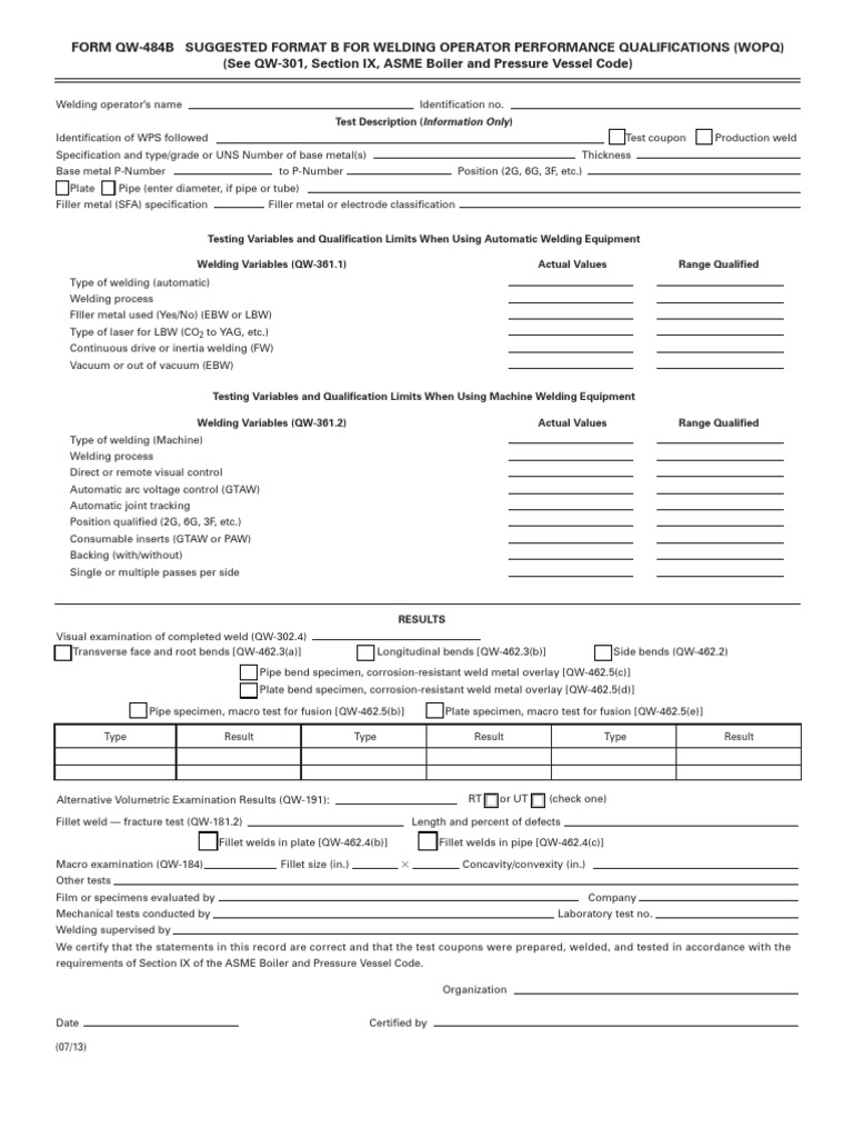 Form Qw-484B Suggested Format B For Welding Operator Performance ...