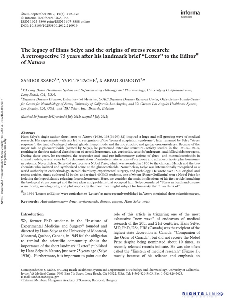 The Legacy of Hans Selye | PDF | Adrenal Gland | Stress (Biology)