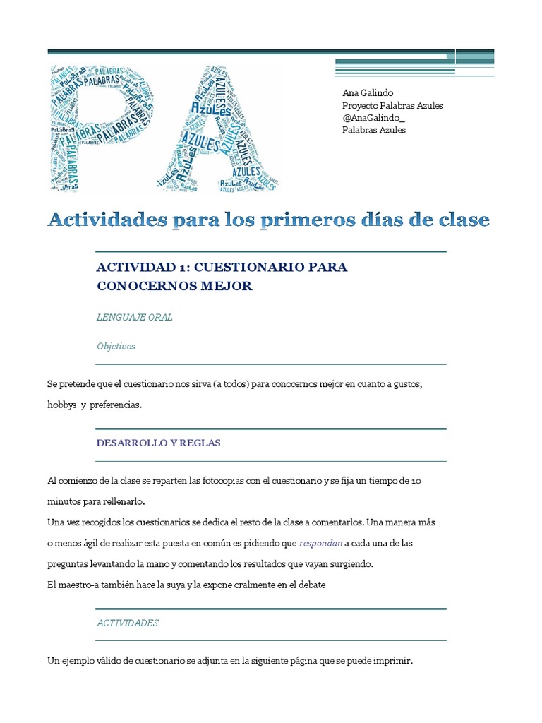 Actividades para Inicio de Curso. Ana Galindo | PDF | Cuestionario ...
