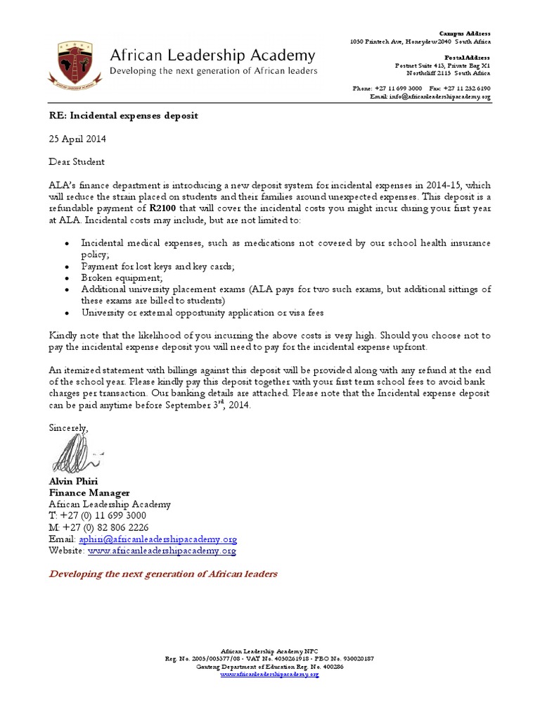 Incidental Expenses Deposit Letter | Fee | Expense