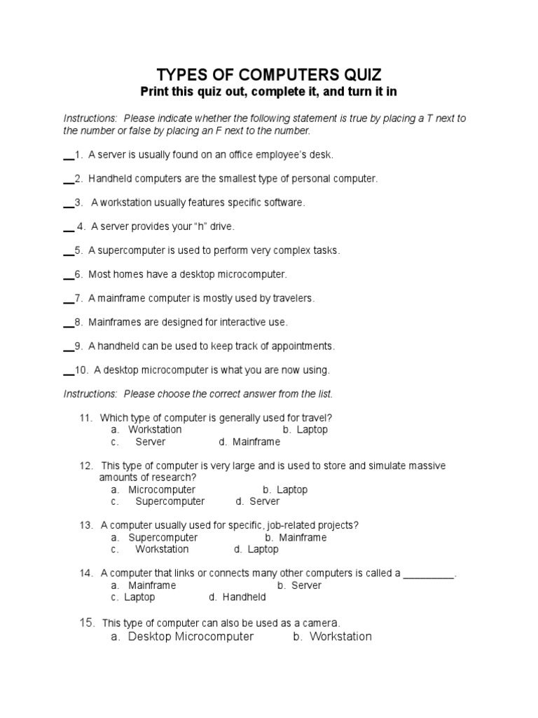 Types of Computers Quiz | PDF | Personal Computers | Microcomputers