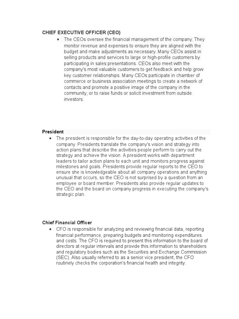 Chief Executive Officer (Ceo) : President | PDF | Chief Financial ...