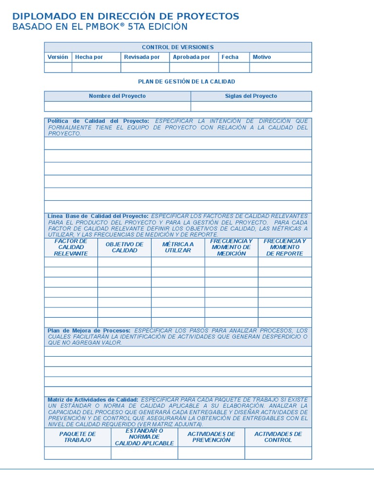 5.1 Plan de Gestión de La Calidad | PDF | Gestión de la calidad ... 5.1 Plan de Gestión de La Calidad | PDF | Gestión de la calidad ...
