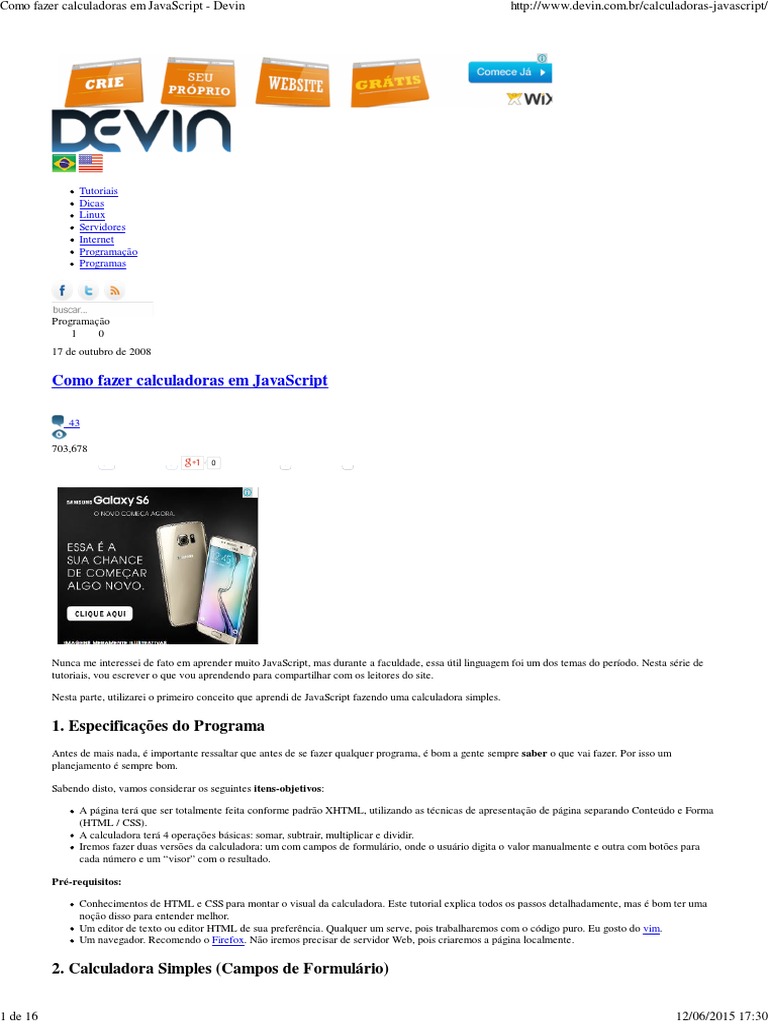 Como Fazer Calculadoras em JavaScript - Devin | PDF | Xhtml | Script Java