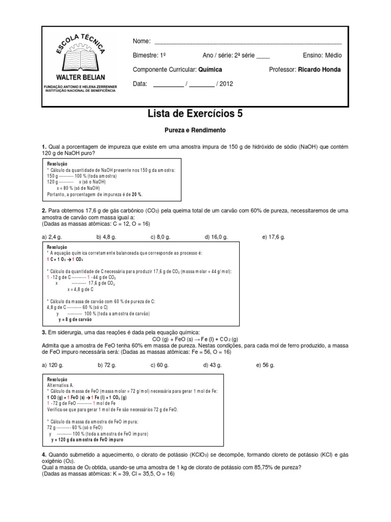 Resolucao Da Lista de Exercicios 5 - Pureza e Rendimento - 1 Bimestre ... Resolucao Da Lista de Exercicios 5 - Pureza e Rendimento - 1 Bimestre ...