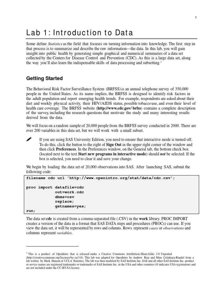 Lab 1 Introduction To Data | PDF | Sas (Software) | Survey Methodology