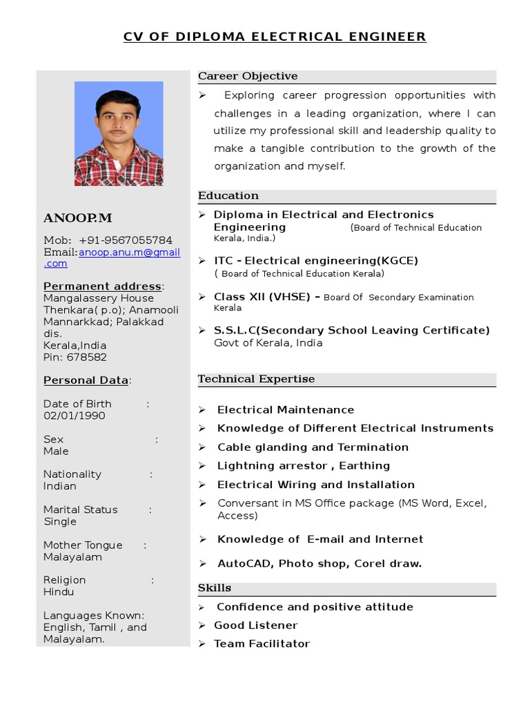 CV of Diploma Electrical Engineer: Anoop - Anu.m@gmail | PDF | Kerala