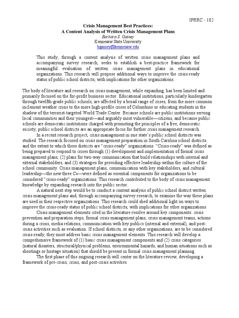 Crisis Management Best Practices-A Content Analysis of Crisis ...