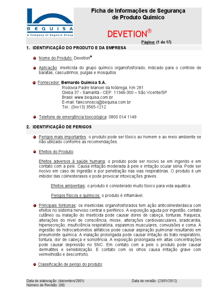 Ficha de Segurança do Inseticida Devetion | PDF | Embalagem e rotulagem ...