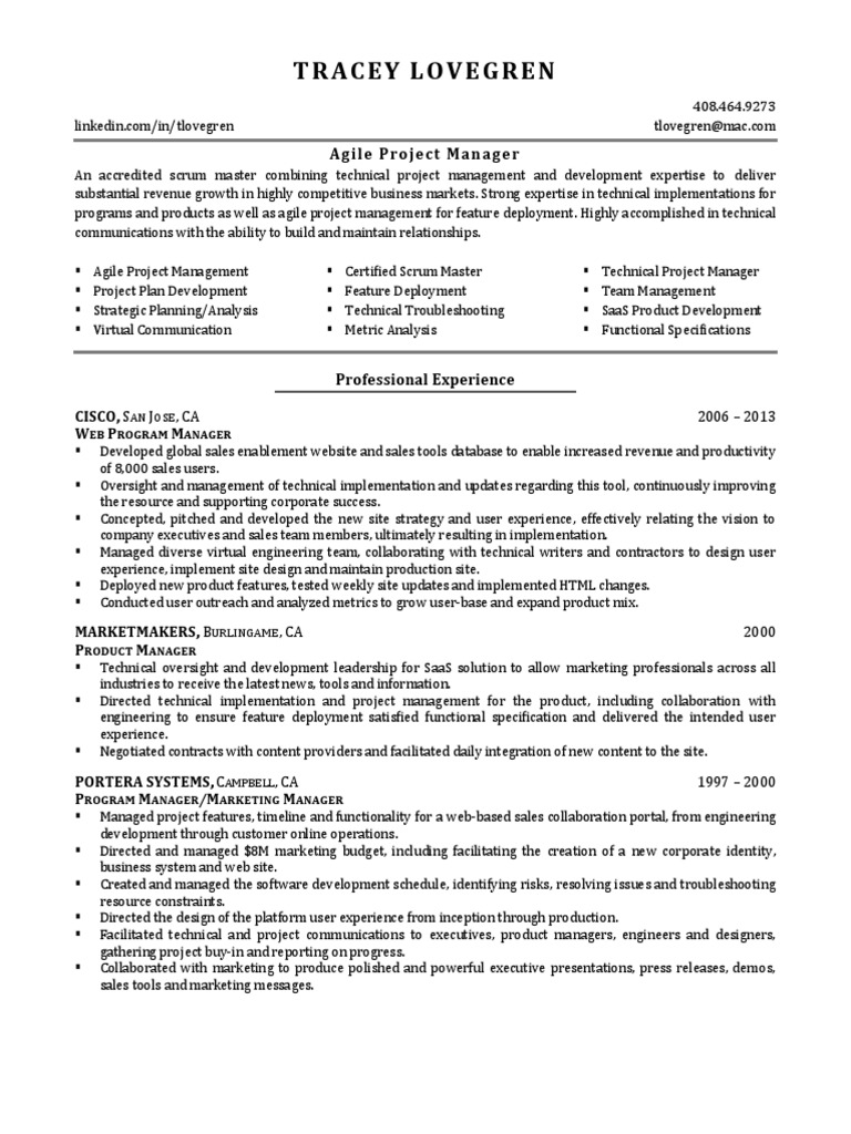 Agile Project Manager in San Francisco Bay CA Resume Tracey Lovegren | PDF | Scrum (Software ...