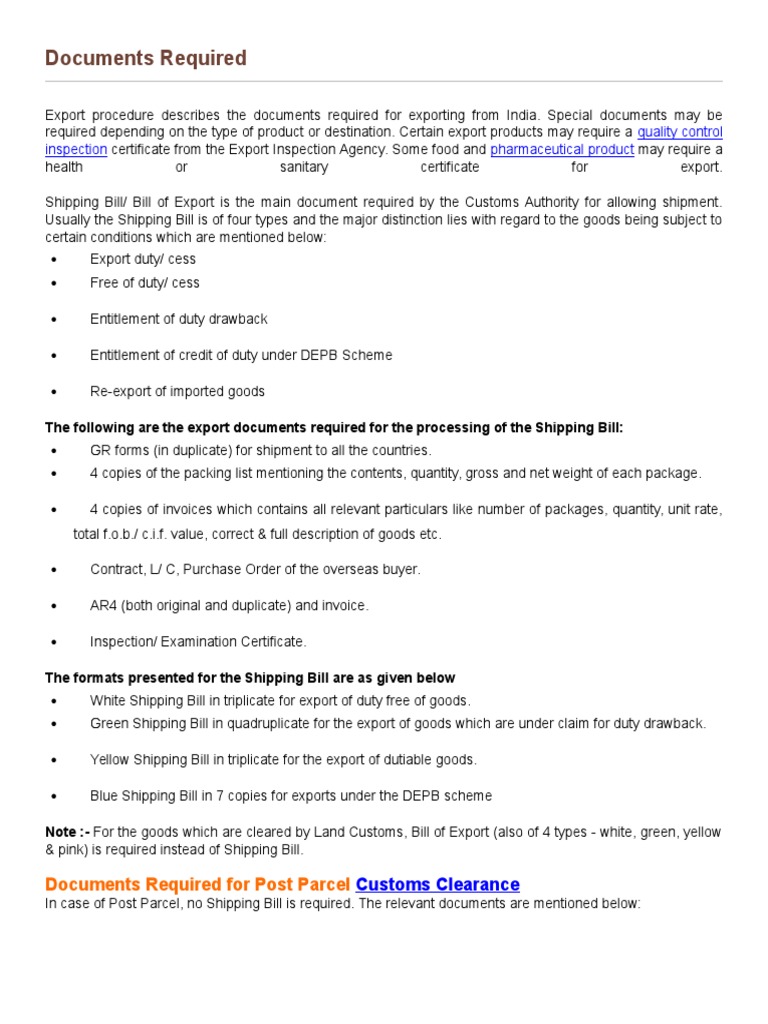 Documents Required For EXPORT | Download Free PDF | Invoice | Exports