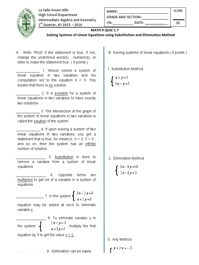 Algebra Quiz: Solving Equations | PDF | Teaching Methods & Materials